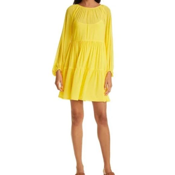 STAUD | Dresses | Staud Vieste Yellow Long Sleeve Tiered Ruffle Mini ...